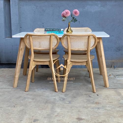 Jual dinning set meja makan kursi 4 scandinavian jati retro - Marmer cream, P 120 x 80 cm - Kab ...