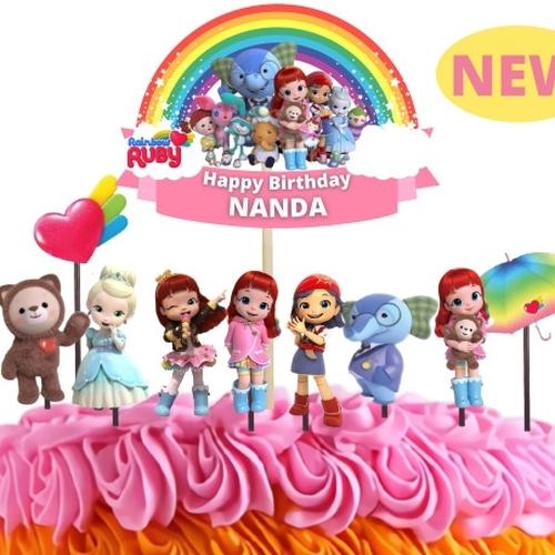Jual topper cake rainbow ruby set , custom nama, hiasan kue happy ...