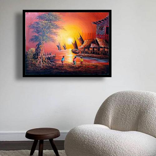 Jual lukisan modern pantai dan nelayan sunset hiasan ruangan rumah ...
