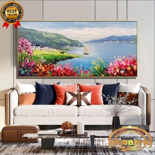 Jual lukisan danau berbunga cat timbul - 60x120+frame - Kab. Bandung ...