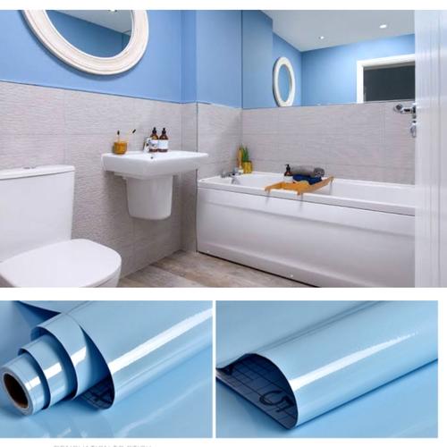 Jual wallpaper sticker dinding kamar mandi waterproof polos biru glossy ...