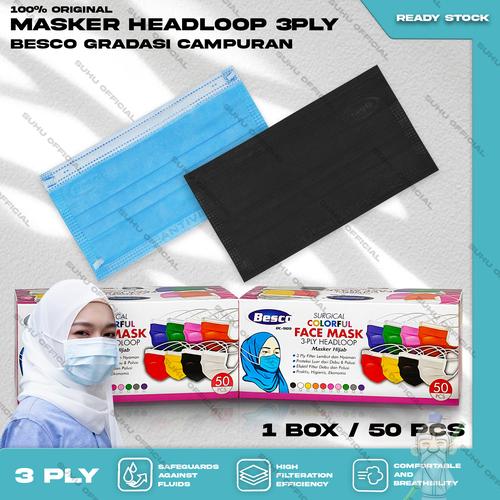 Promo MASKER MEDIS 3PLY HIJAB BESCO ISI 50PCS WARNA IJO HEADLOOP MASK 3 ...