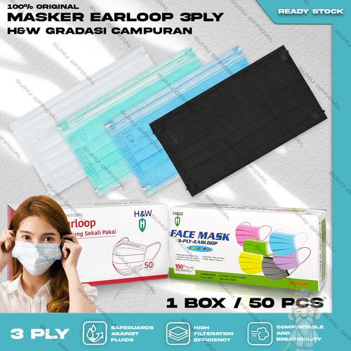 Promo MASKER MEDIS 3PLY H&W 50PCS BIRU HIJAU HITAM WARNA EARLOOP MASK 3 ...