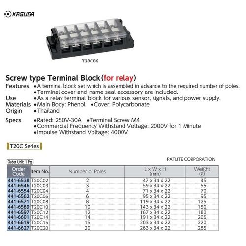 Jual Screw Type Terminal Block For Relay 30A 10 Poles KASUGA T20C10 ...