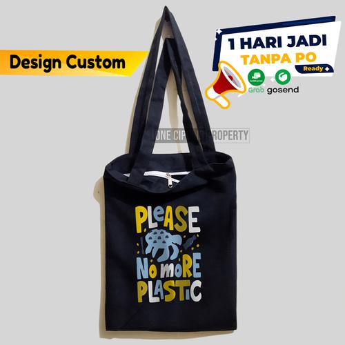 Promo Tote Bag Hitam Canvas / Resleting / Design Custom - CETAK 2 SISI ...