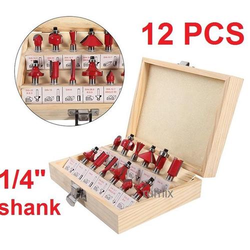 Jual Mata Profil Set 12pcs Trimmer Router Bits Set 1/4” Kayu Router ...