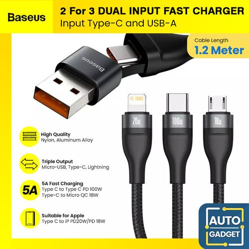 Promo BASEUS 2 for 3 Fast Charging Cable Lighting Type C Micro USB 100W ...