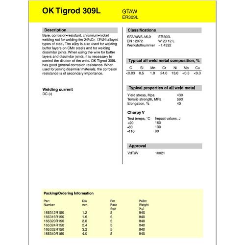 Jual KAWAT LAS ESAB OK TIGROD 309L GTAW | AWS ER309L | PACK 5KG ...