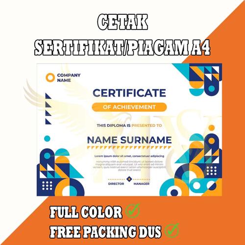 Jual Print Sertifikat / Piagam Penghargaan Custom Ukuran A4 Full Color ...