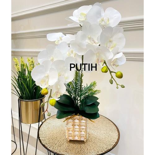 Jual Bunga anggrek latex 2 tangkai Vas gold Crystal hiasan meja tamu ...