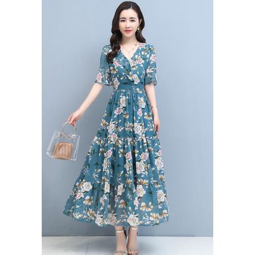 Jual Dress wanita warna biru motif bunga cantik korea lengan pendek ...