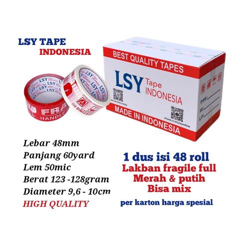 Jual lakban fragile full merah & putih 60yard 1 dus isi 48 roll LSY ...