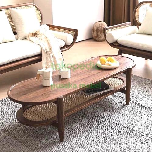 Jual meja tamu oval kayu jati, coffe table rotan kayu, meja tamu ...
