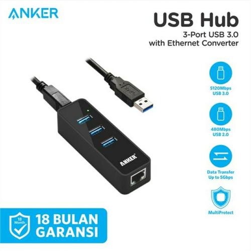 Jual ANKER USB Hub 3 Port USB 3.0 with Ethernet Converter - Jakarta ...