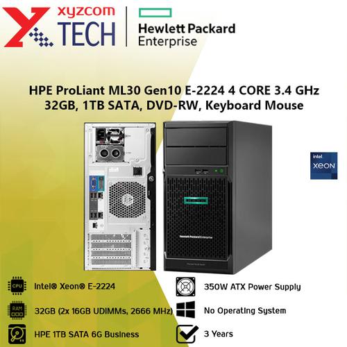 Jual HPE ProLiant ML30 G10 E-2224 4 CORE 3.4 GHz, 32GB, 1TB, DVD-RW ...