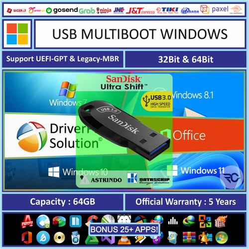 Jual FLASHDISK MULTIBOOT WIN 7 8.1 10 11 BOOTABLE + DRIVERPACK 64GB USB 3.0 - 2021 Pro Plus ...