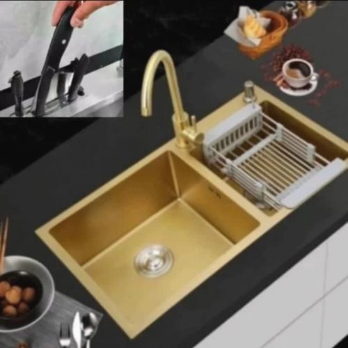 Jual Kitchen sink 8245 gold emas+kran fleksibel/bak cuci piring gold ...