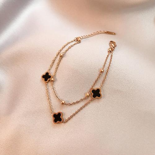 Jual gelang rantai titanium fashion 2layer bunga clover hitam - silver ...