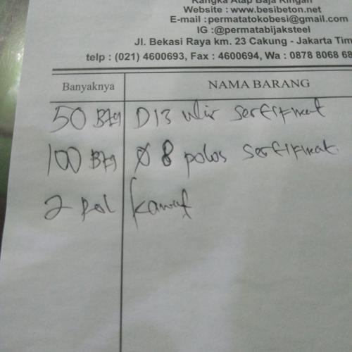 Jual PO besi beton Bu Melisa 19/12/22 - Jakarta Timur - Besi Permata ...