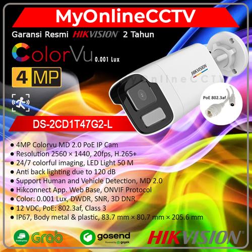 Promo DS-2CD1T47G2-L Hikvision IP Cam PoE CCTV Outdoor 4MP ColorVu LED ...