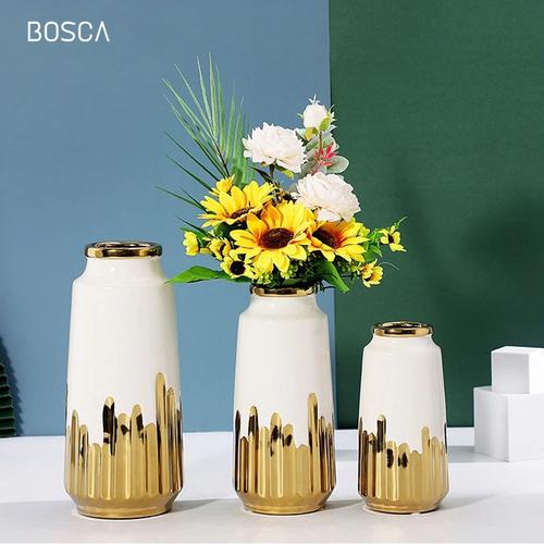 Promo Vas Putih Gold Motif Garis / Vas Gold Kramik / Vas Bunga Mewah ...
