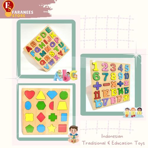 Jual Wooden Puzzle Kayu Huruf Angka Warna Warni Anak Mengenal Bentuk ...