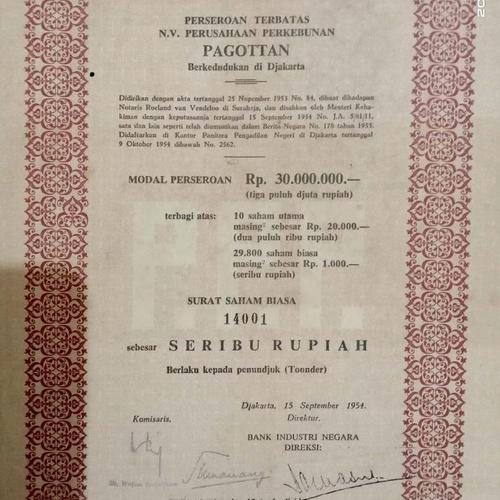 Jual Surat Saham Kuno Jadul PT NV Perusahaan Perkebunan Pagottan Antik ...