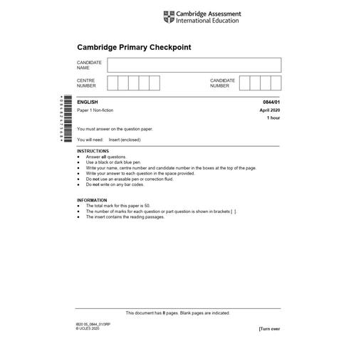 Jual Primary Checkpoint English 0844 April 2022 past papers - Jakarta ...