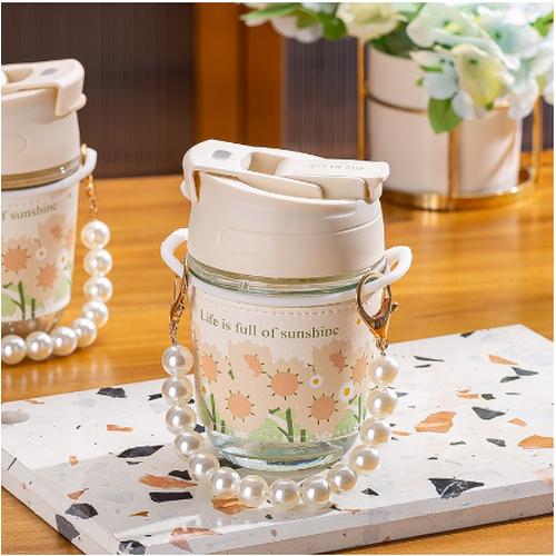 Jual BOTOL MINUM KACA 400ML BOTOL AESTHETIC TALI MUTIARA TUMBLER KOREA ...