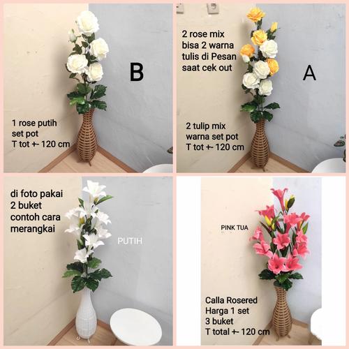 Jual BUNGA TULIP ROSE CALLA LILY HIASAN SUDUT SET POT ROTAN IMITASI ...
