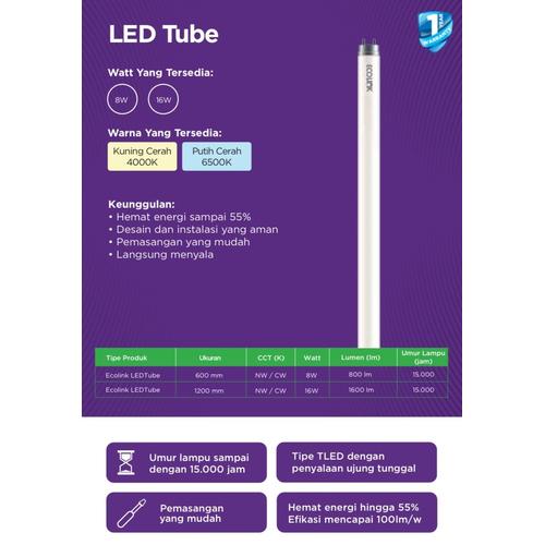 Jual Lampu TL LED Tube ECOLINK T8 8 Watt by 600mm 8W 8 W 8Watt 60cm TL8 ...