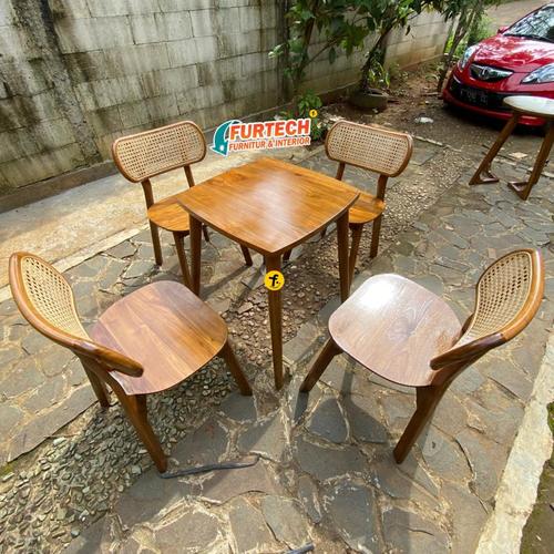 Jual Set Kursi Cafe 4 Kursi Rotan, Meja Makan Minimalis Kayu Jati Solid Top - 1Pcs Meja - Kab ...