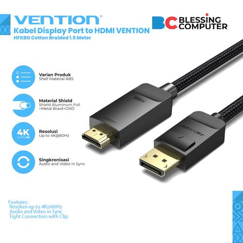 Jual Kabel Display Port to HDMI VENTION HFKBG Cotton Braided 1.5 Meter ...