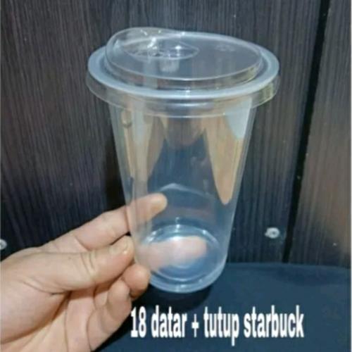 Jual GELAS/CUP PLASTIK 18 Oz Datar 8gram+TUTUP STARBUCKS /Strawless Lid ...