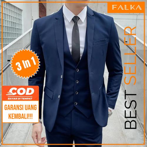 Promo Setelan Jas Pria 3 in 1 Navy Polos Jas Rompi Tuxedo dan Celana ...