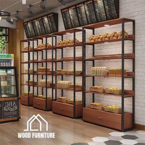 Jual rak display toko kayu / rak display roti supermarket kaki besi ...