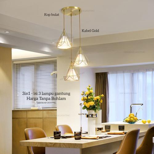 Jual Lampu gantung 3in1 diamond gold kain modern kop bulat panjang 1set - Kabel Hitam, kop bulat ...