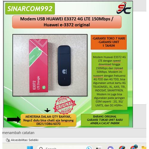 Jual Modem USB HUAWEI E3372 4G LTE 150Mbps / MODEM Huawei e-3372 ...