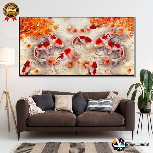 Promo lukisan kanvas koi fengshui besar ikan koi 9 ekor plus frame koi ...