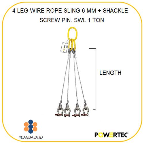 Jual 4 LEG WIRE ROPE SLING 6 MM + SHACKLE SCREW PIN. SWL 1 TON POWERTEC ...