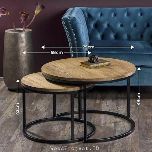Jual coffee table bulat 2 minimalis, meja kopi industrial kayu jati ...
