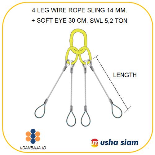 Jual 4 LEG WIRE ROPE SLING 14 MM + SOFT EYE 30 CM. SWL 5,2 T USHA - 3 M ...