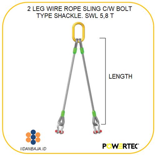 Jual 2 LEG WIRE ROPE SLING + SHACKLE G 2130. SWL 5,8 T POWERTEC - 1 M ...