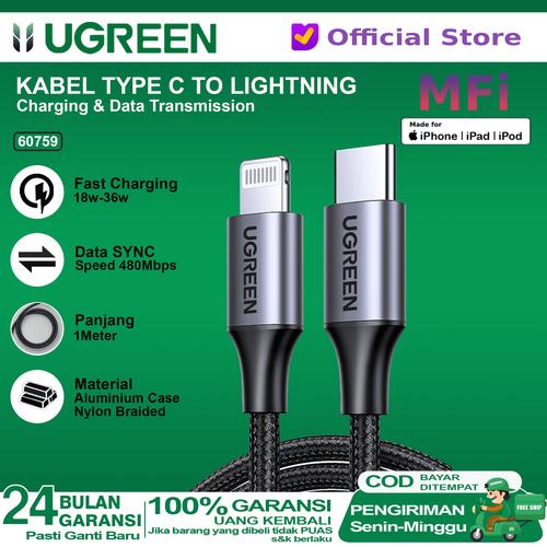 Jual UGREEN Kabel Data iPhone MFi USB Lightning Dan USB Type C To Lightning - USB-C 60759 1M ...