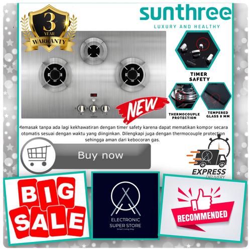 Jual SUNTHREE KOMPOR TANAM GAS GH-3S STH GH3S STH BUILT IN HOB TIMER ...