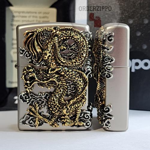 Jual Zippo Original Chinese Dragon Emblem Grey and Gold 2 sisi Japan ...