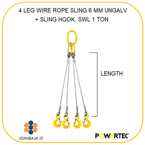 Jual 4 LEG WIRE ROPE SLING 6 MM UNGALV + SLING HOOK. SWL 1 TON POWERT ...