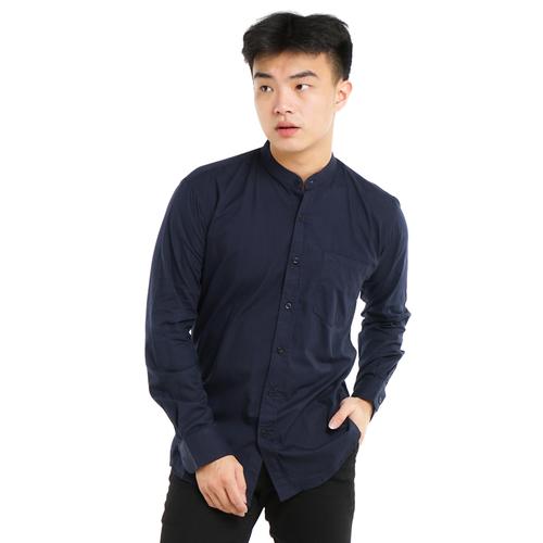 Promo Kemeja Pria Lengan Panjang Navy Blue Biru Kerah Shanghai Katun ...