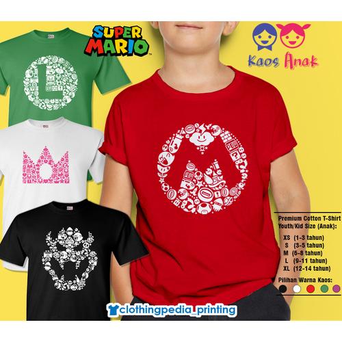 Jual Kaos Anak Super Mario Bros M Logo Luigi L Peach Bowser Art Kid T ...