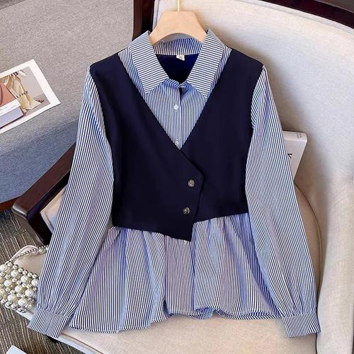 Jual Blouse Wanita Lengan Panjang Eliana Vest Stripe Atasan Kemeja ...